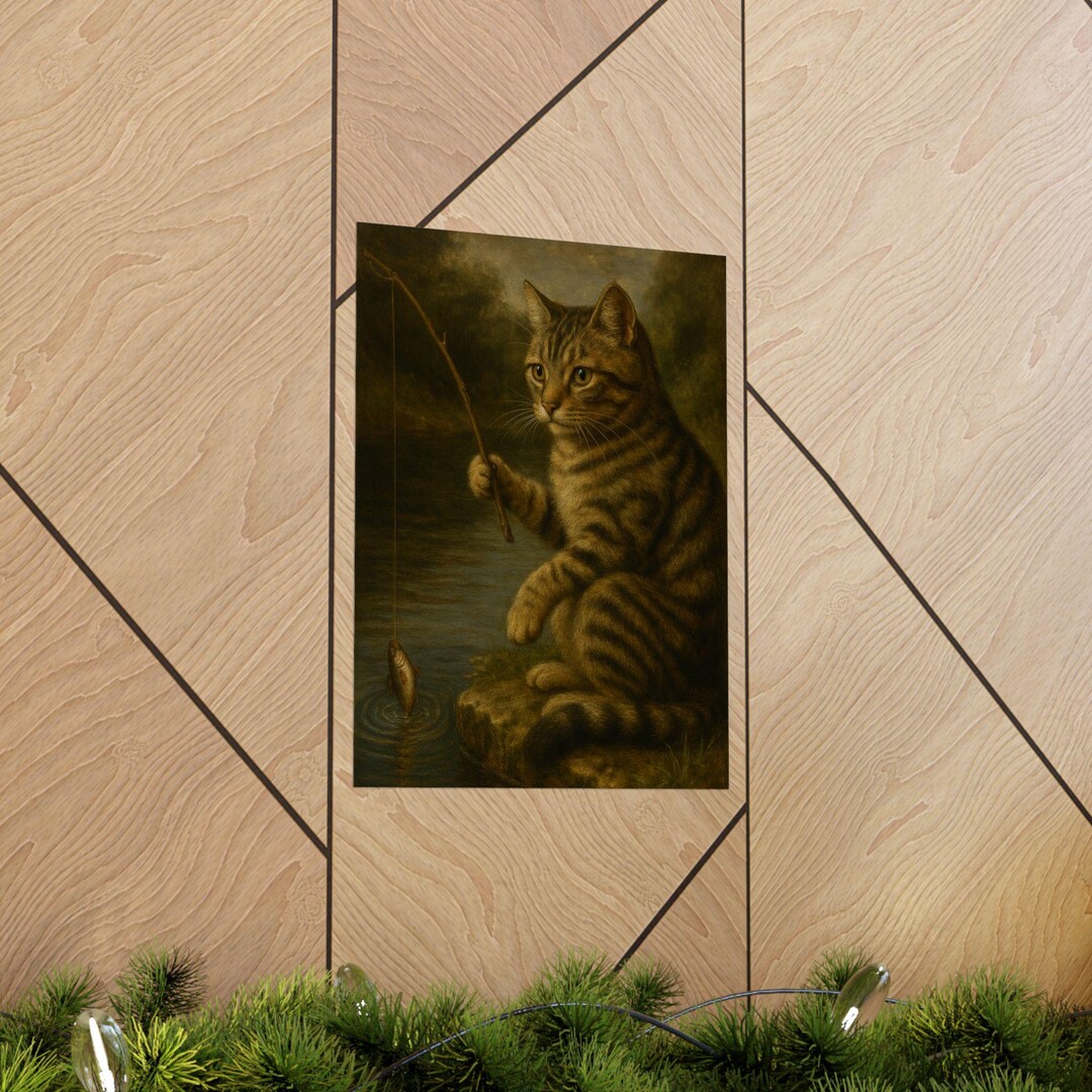 Tabby Cat Fishing Poster | Matte Vertical Poster, Vintage Animal Art - Etsy