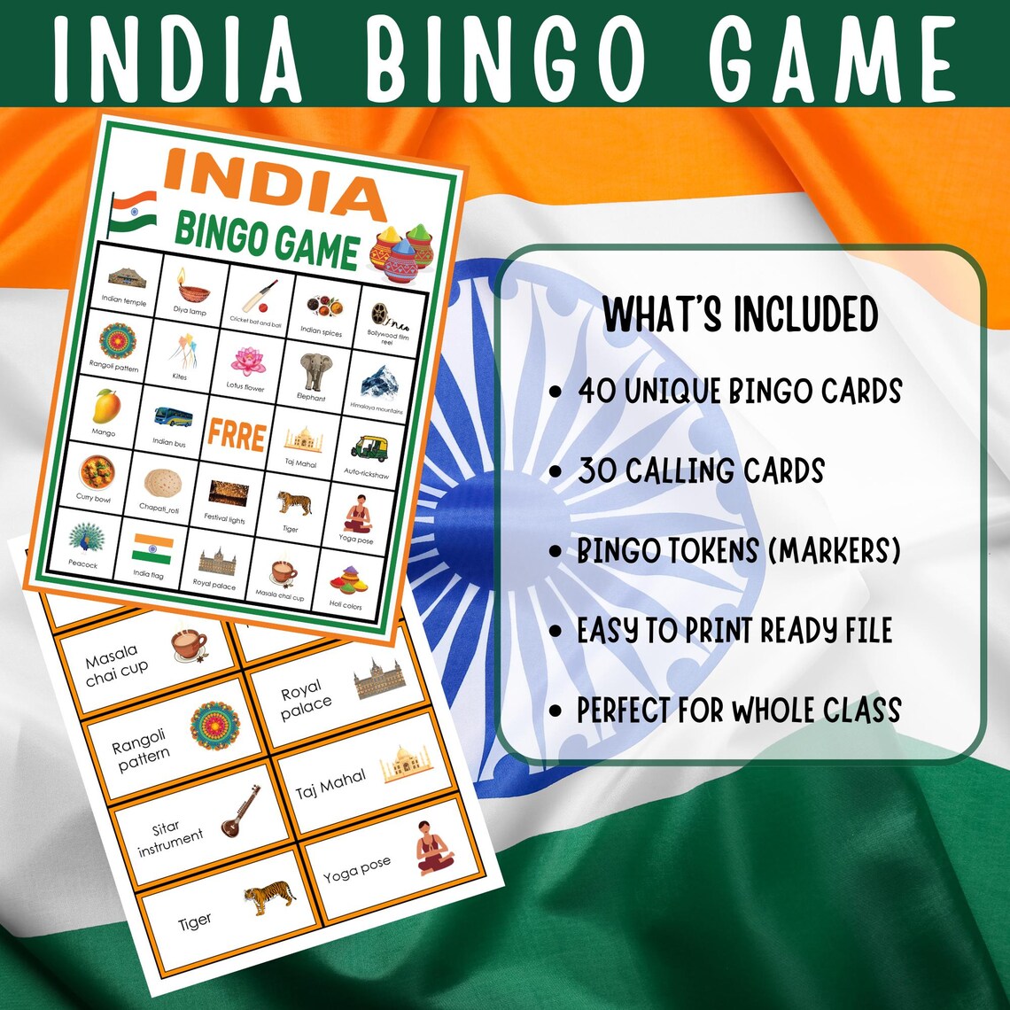 India Bingo Game | Cultural Symbols Printable Activity for Kids ...