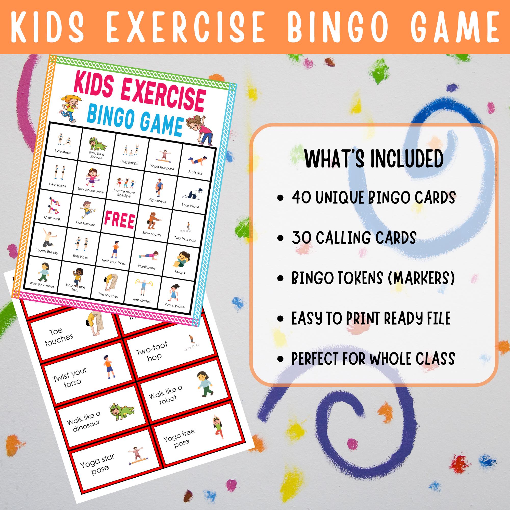Kids Exercise Bingo – Fun Fitness Activity Game for Kids, Classrooms ...