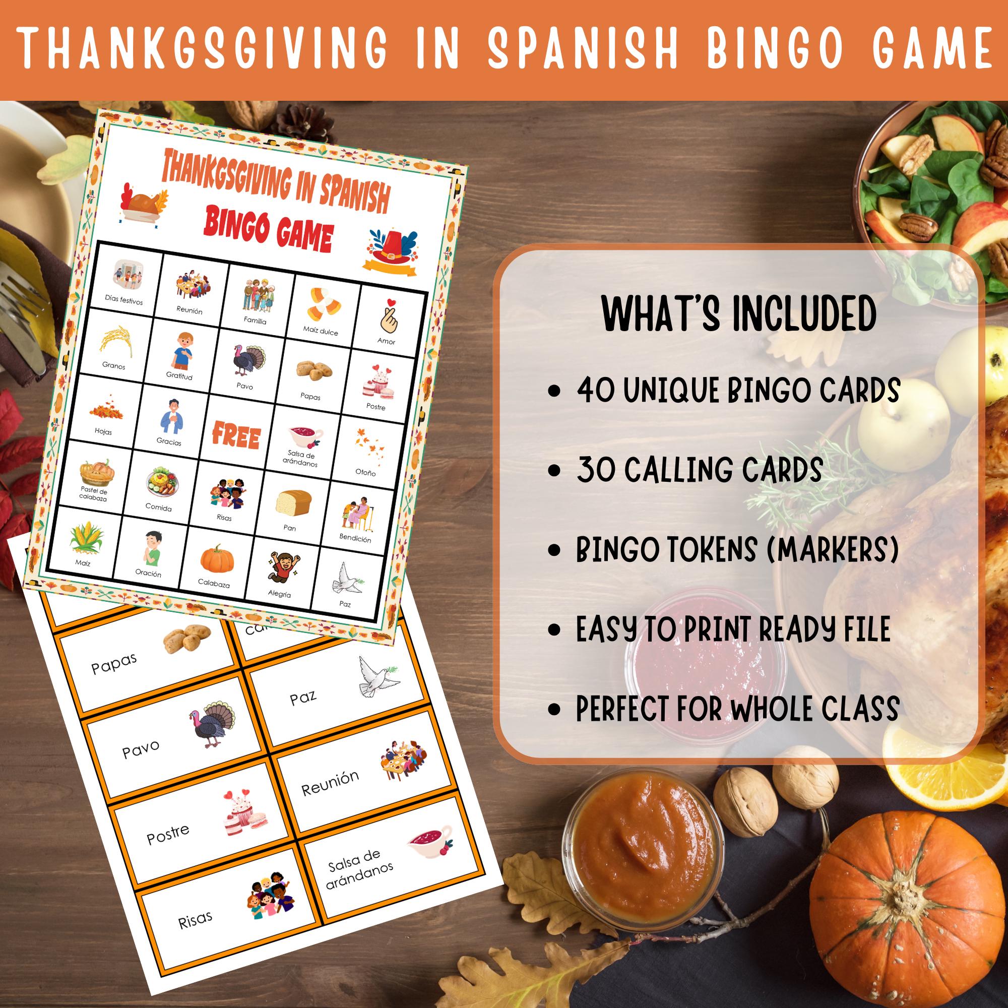 Thanksgiving in Spanish Bingo Game | Día De Acción De Gracias Printable ...