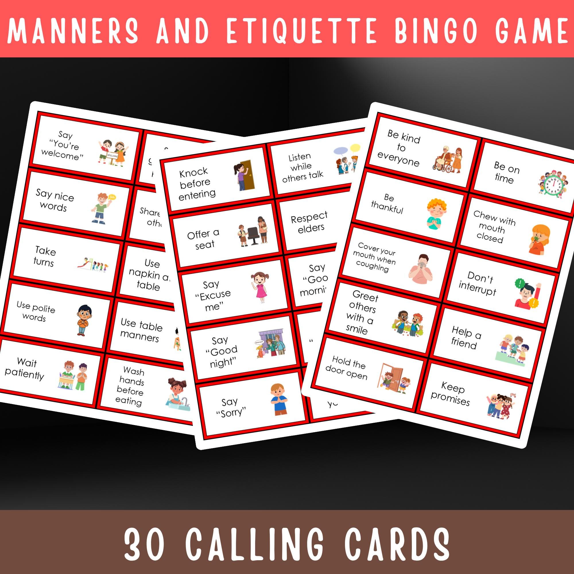Manners & Etiquette Bingo Game for Kids: Social Skills Learning ...