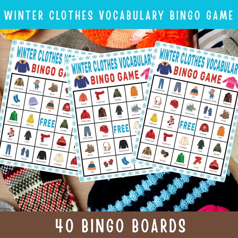 Winter Clothes Vocabulary Bingo Game | Winter Clothing Words Printable ...