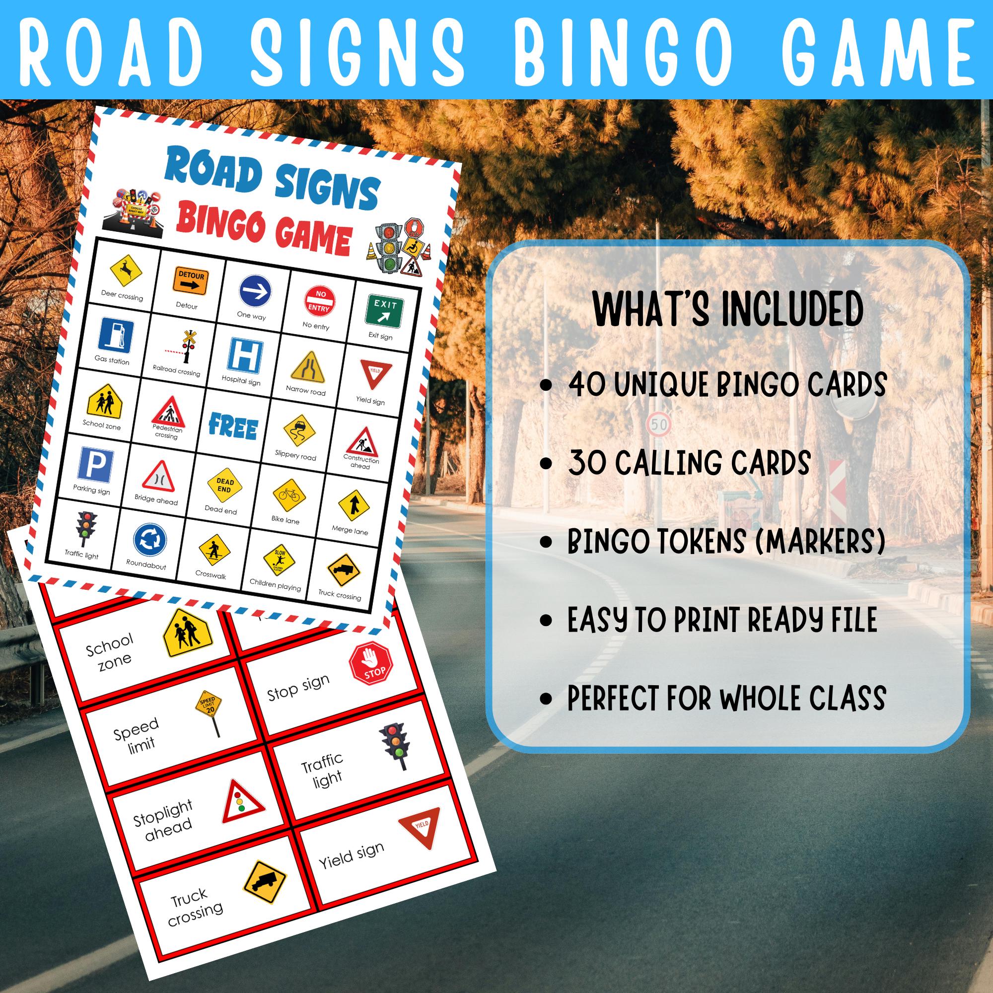 Road Signs Bingo Game | Traffic Safety Learning Activity for Kids ...
