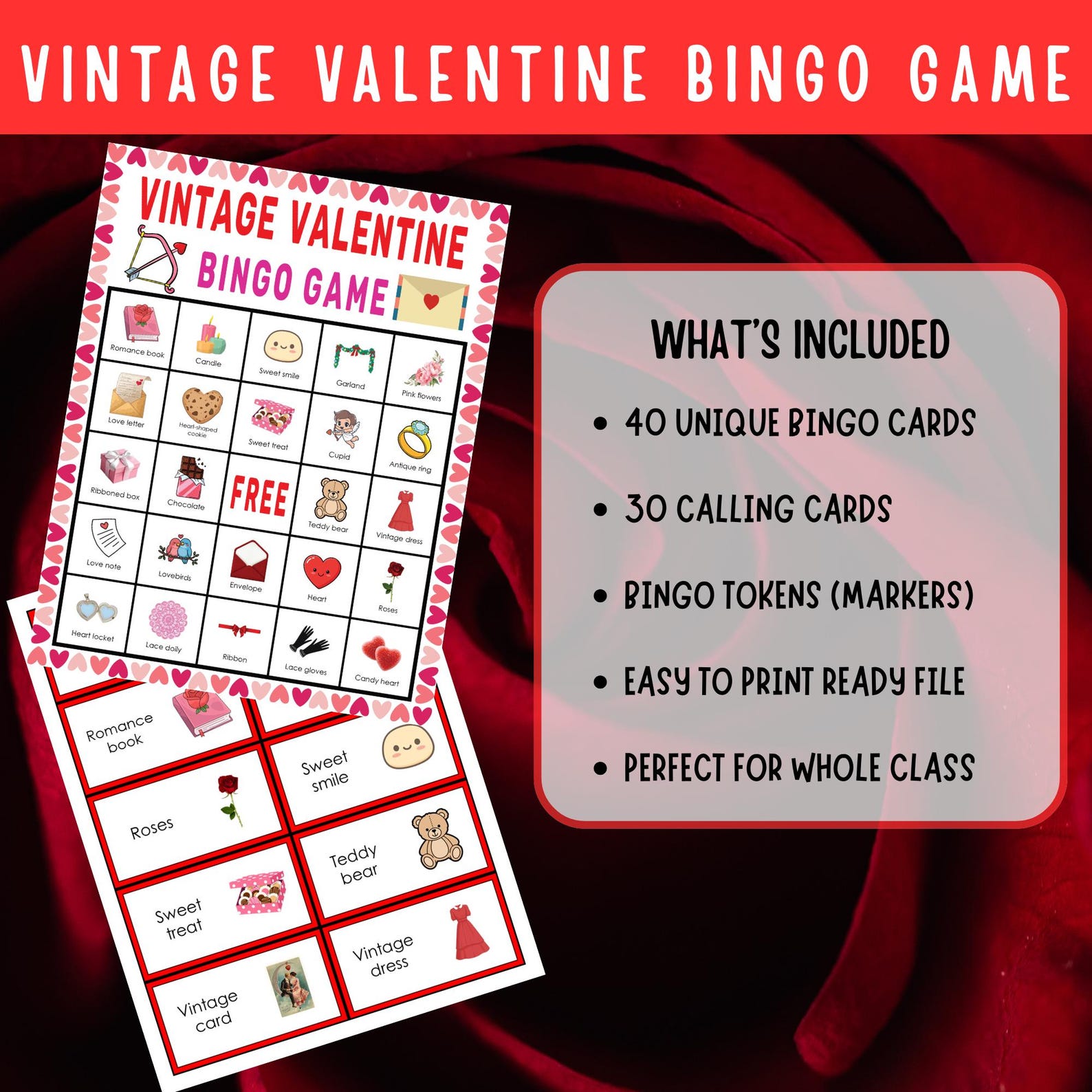 Vintage Valentine Bingo Game Printable Retro Love Cards Kids Classroom ...