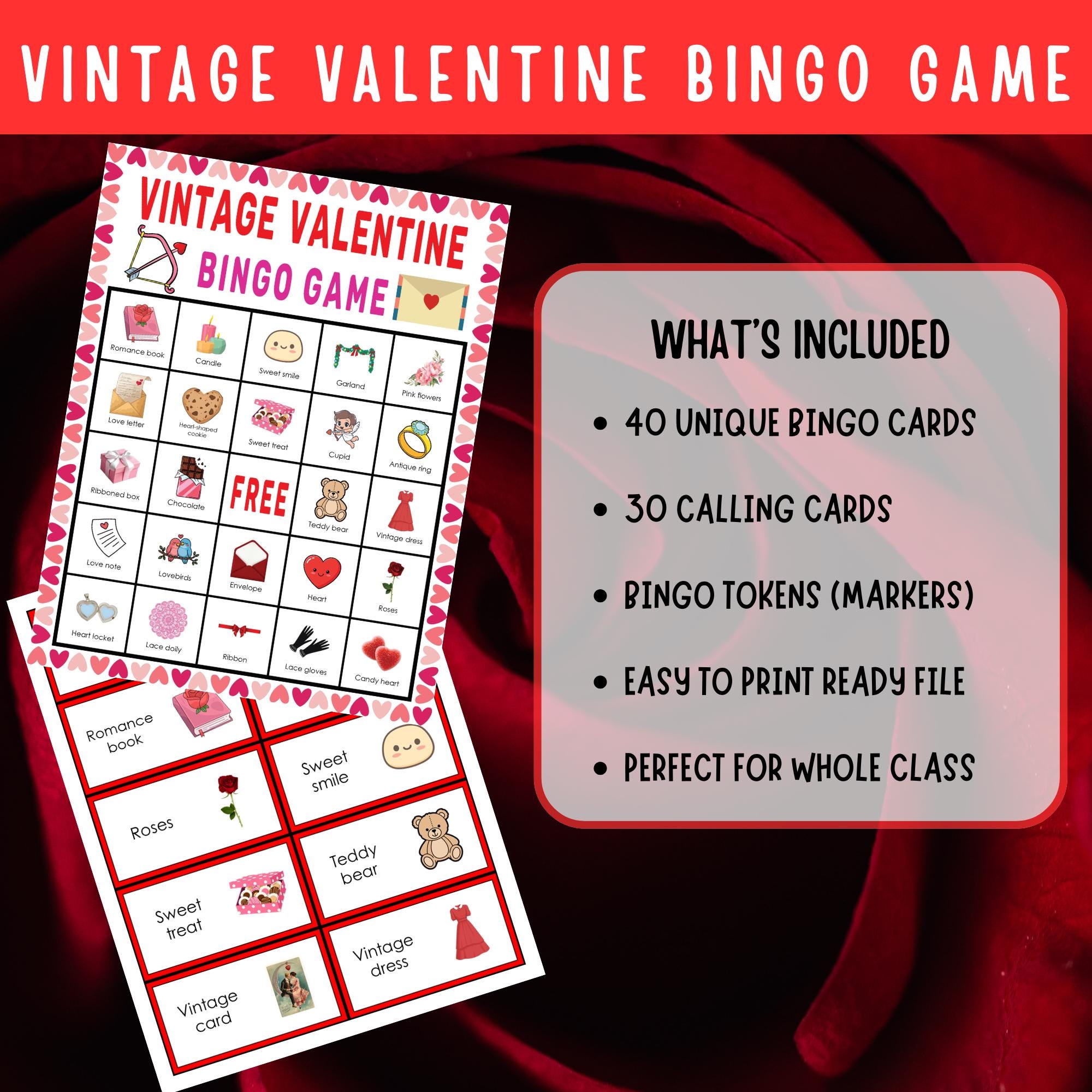 Vintage Valentine Bingo Game Printable Retro Love Cards Kids Classroom ...