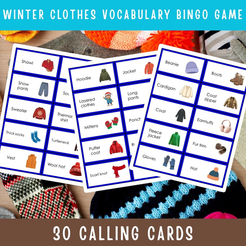 Winter Clothes Vocabulary Bingo Game | Winter Clothing Words Printable ...