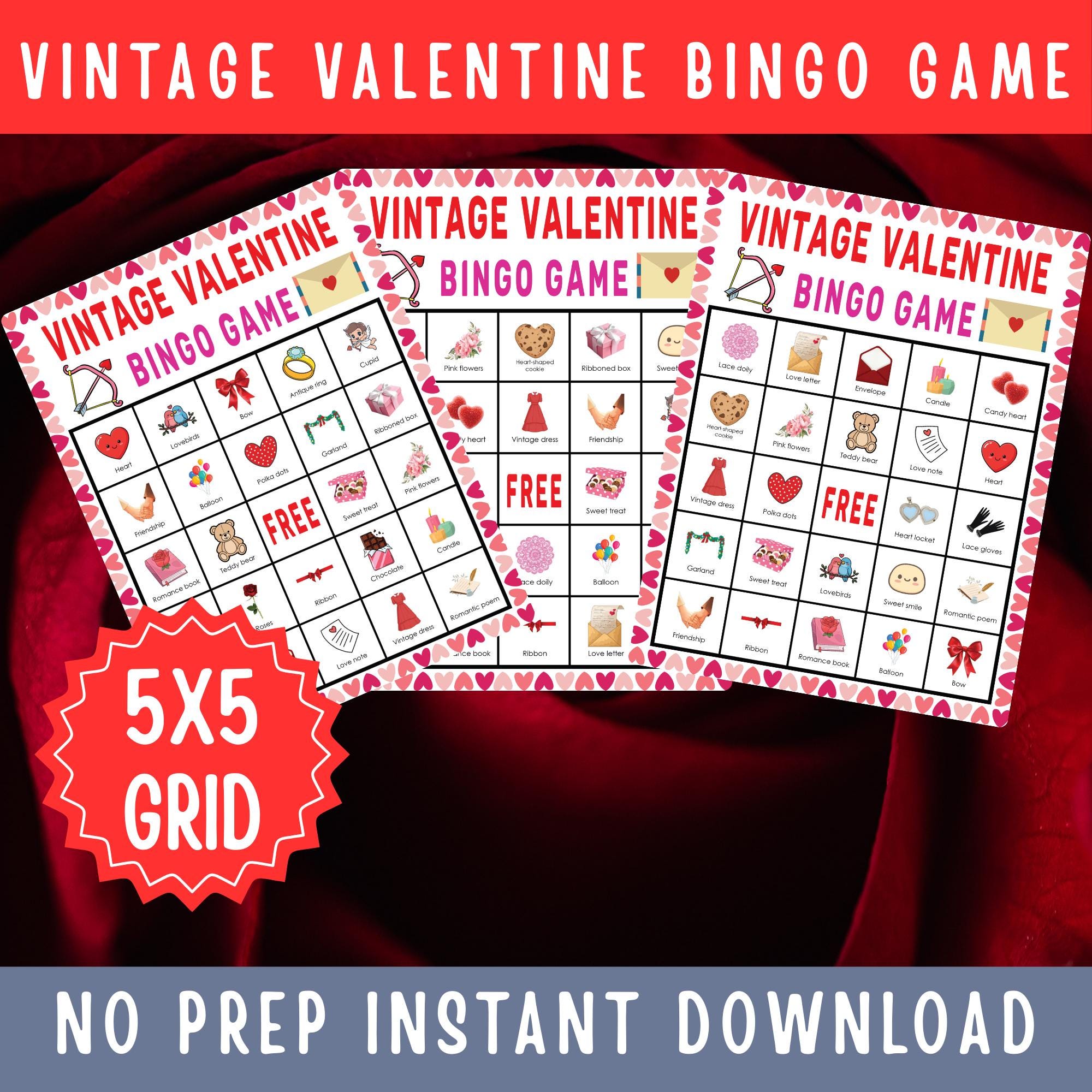 Vintage Valentine Bingo Game Printable Retro Love Cards Kids Classroom ...