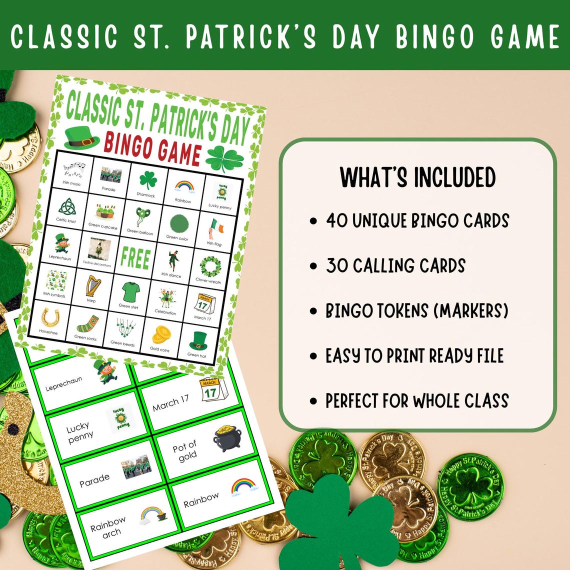 St Patricks Day Bingo Game Printable Classroom Party Activity Kids ...