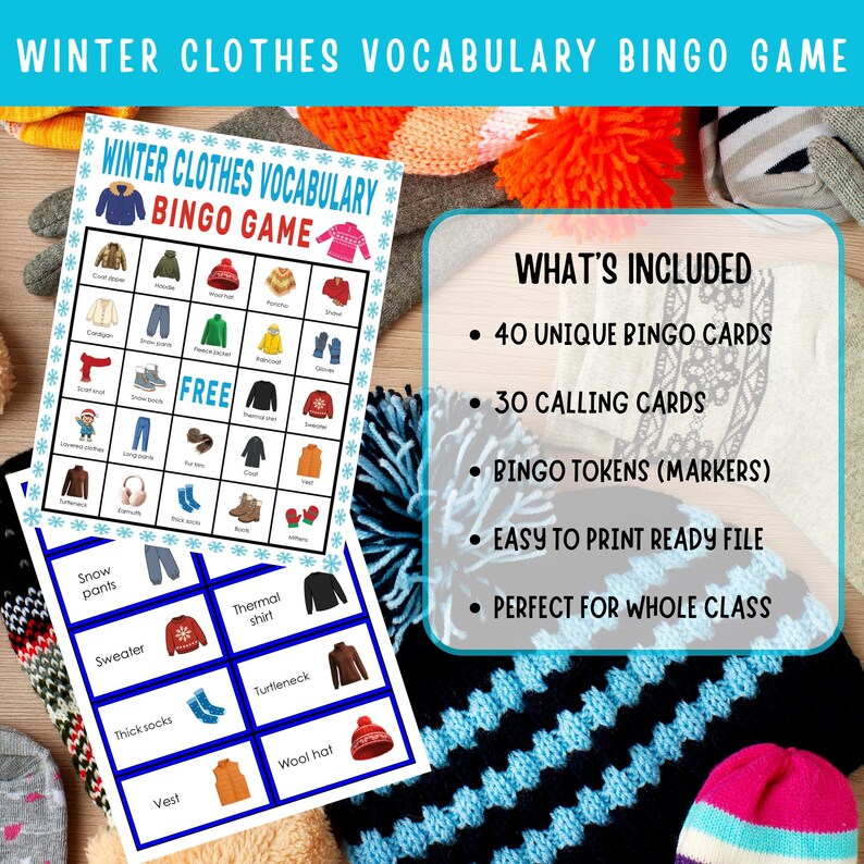 Winter Clothes Vocabulary Bingo Game | Winter Clothing Words Printable ...