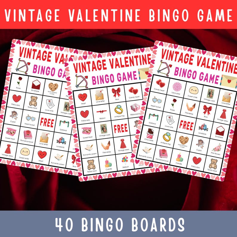 Vintage Valentine Bingo Game Printable Retro Love Cards Kids Classroom ...