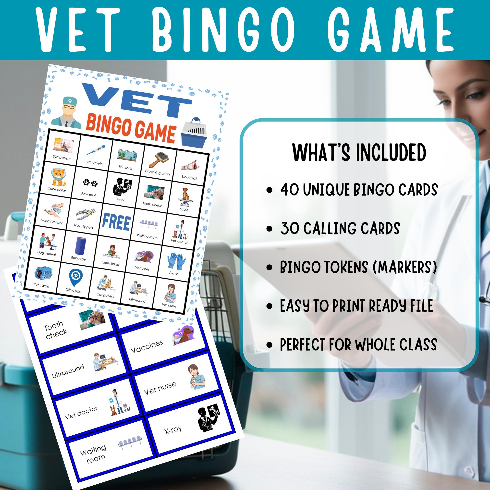 Vet Bingo Game Printable Veterinary Clinic Animal Care Activity for ...