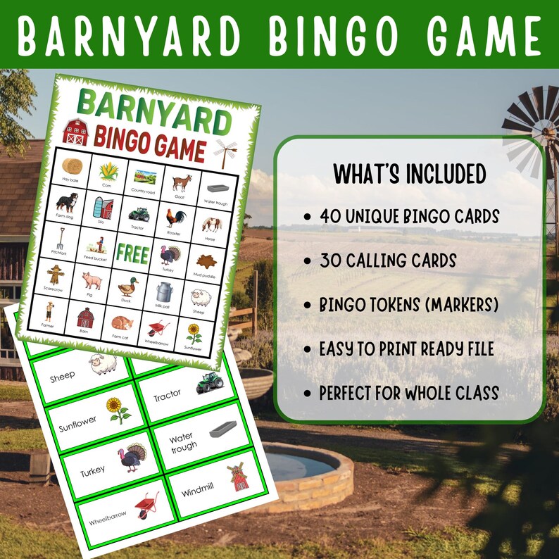 Barnyard Bingo Game Printable Farm Animals Activity for Kids Classroom ...