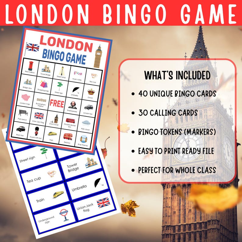 London Bingo Game – Fun Printable UK Landmark Bingo for Kids, Classroom ...