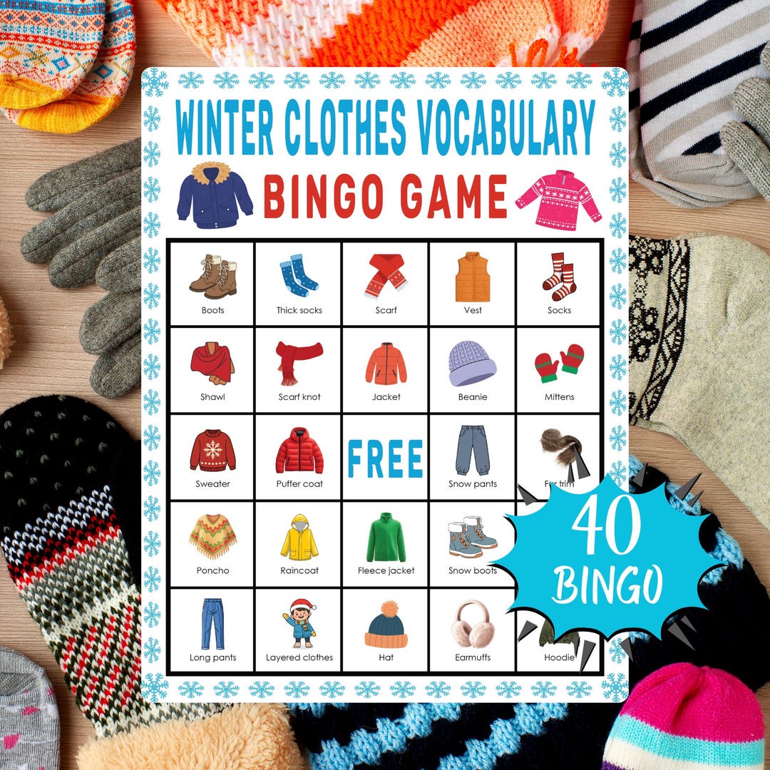 Winter Clothes Vocabulary Bingo Game | Winter Clothing Words Printable ...