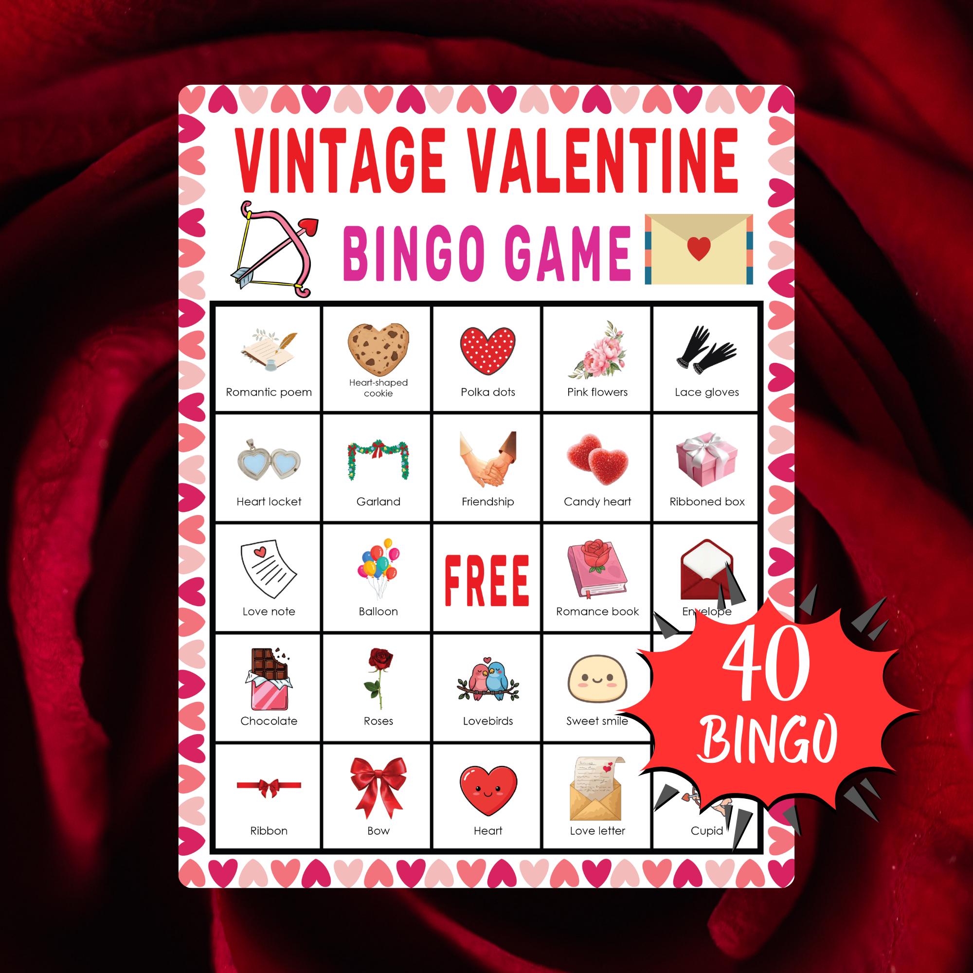 Vintage Valentine Bingo Game Printable Retro Love Cards Kids Classroom ...