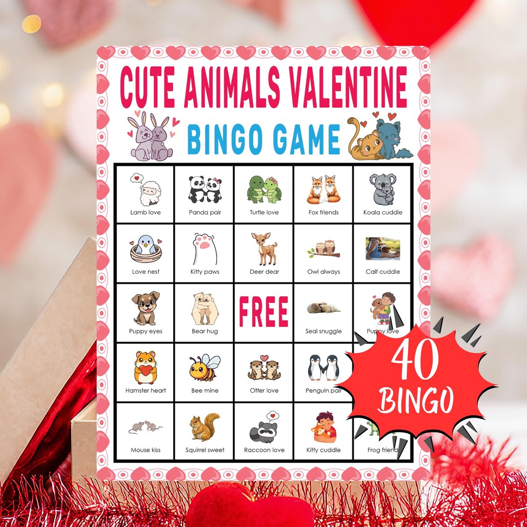 Cute Animals Valentine Bingo Game Printable Kids Classroom Homeschool ...