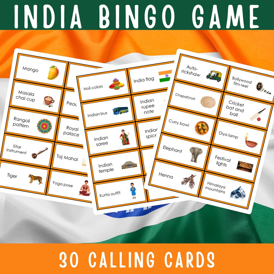 India Bingo Game | Cultural Symbols Printable Activity for Kids ...
