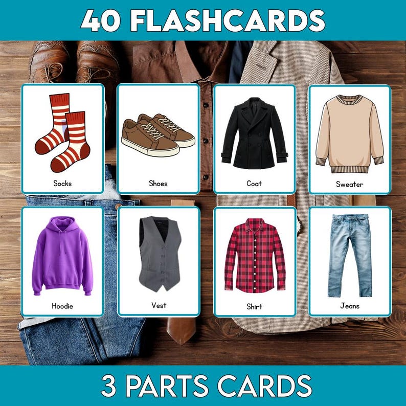 Clothes Flashcards Printable for Kids | Clothing Vocabulary Cards ...