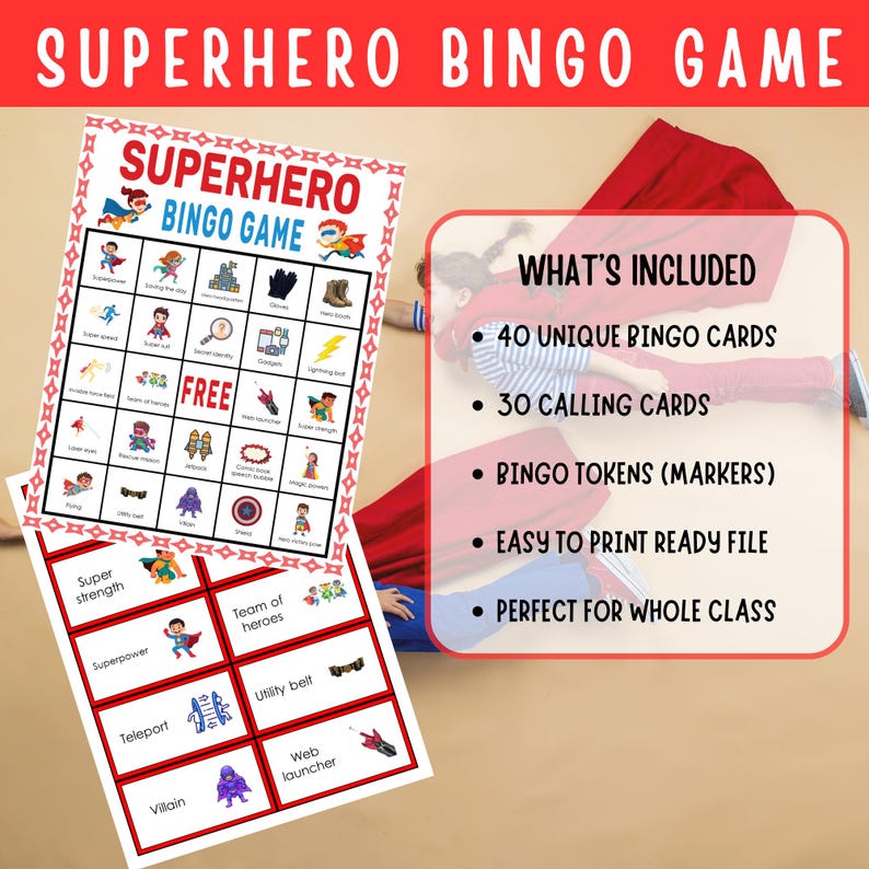 Superhero Bingo Game Printable Kids Activity for Classroom Parties ...