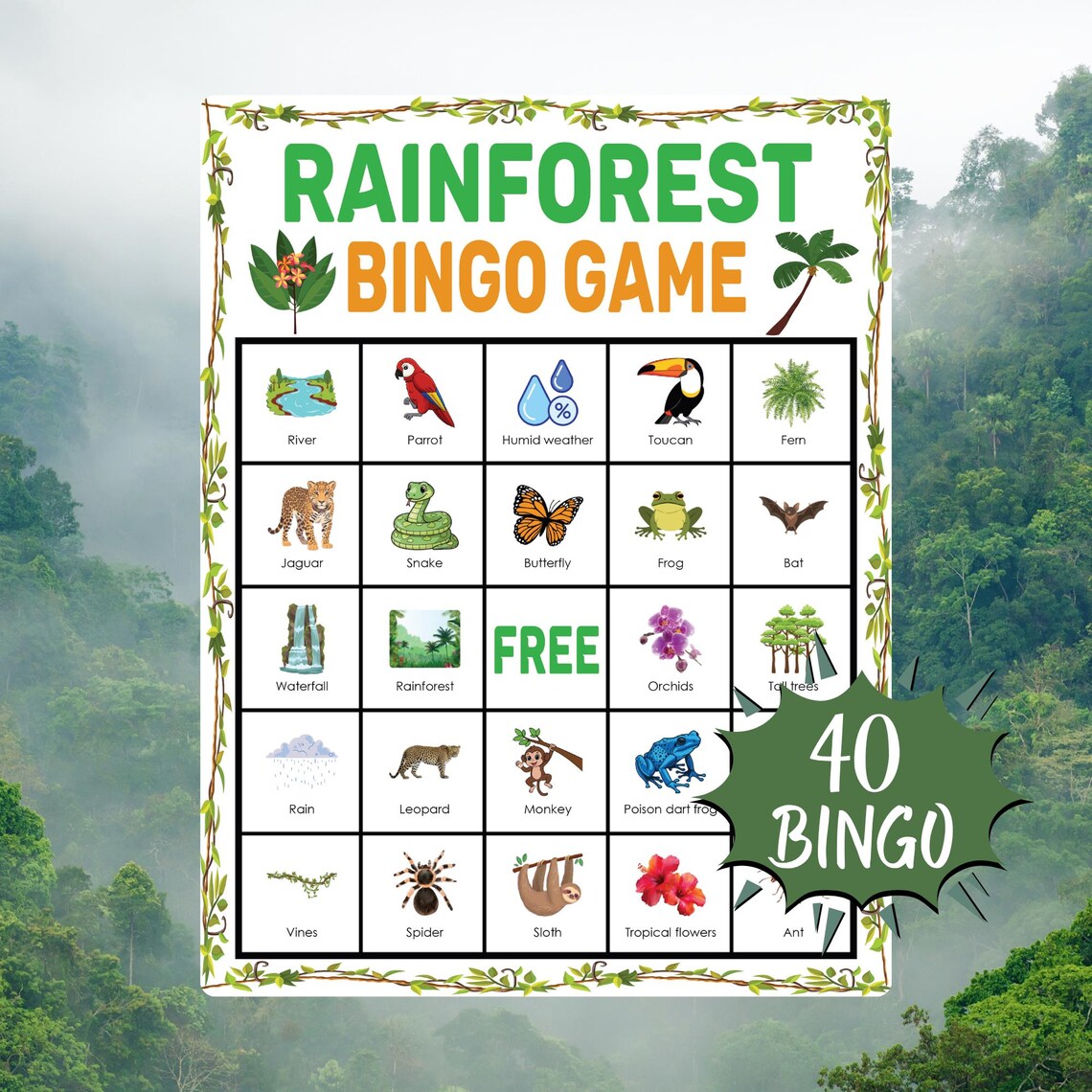 Rainforest Bingo Game Printable Jungle Activity for Kids Classroom ...