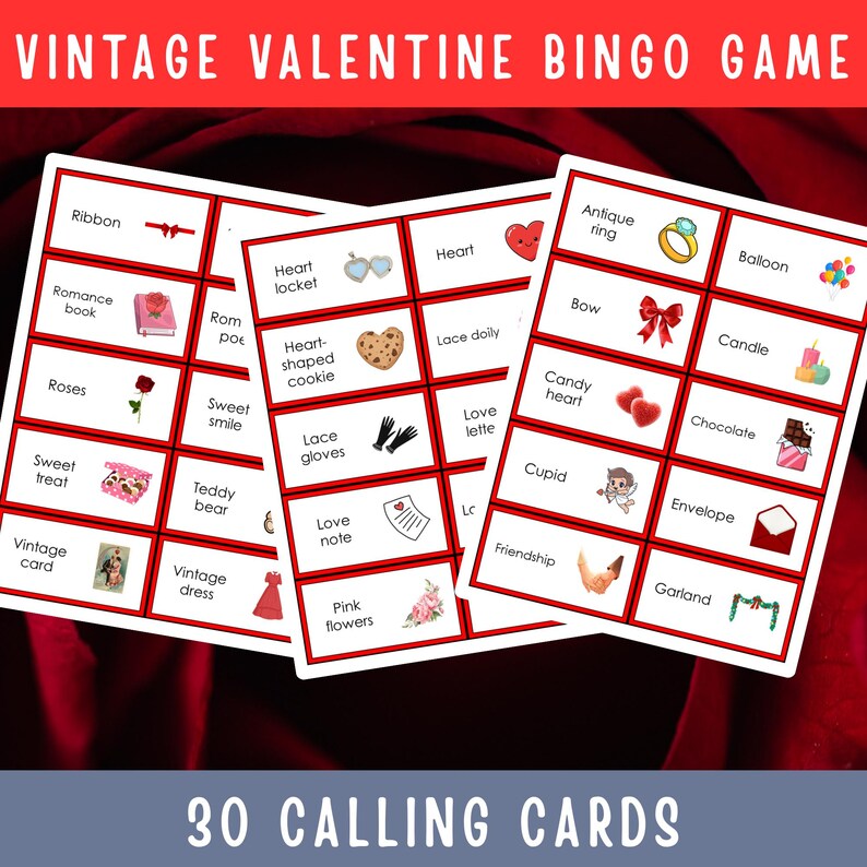 Vintage Valentine Bingo Game Printable Retro Love Cards Kids Classroom ...