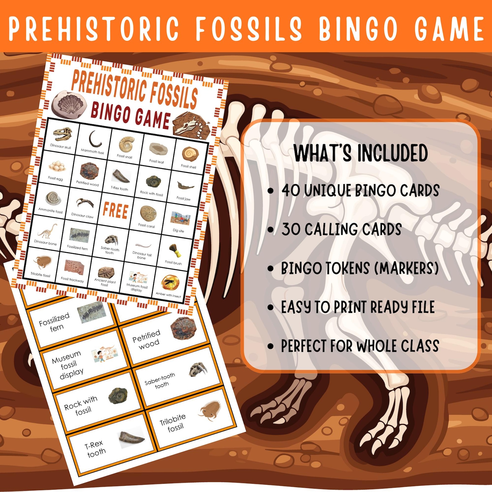 Prehistoric Fossils Bingo Game | Dinosaur Fossils Printable Activity ...