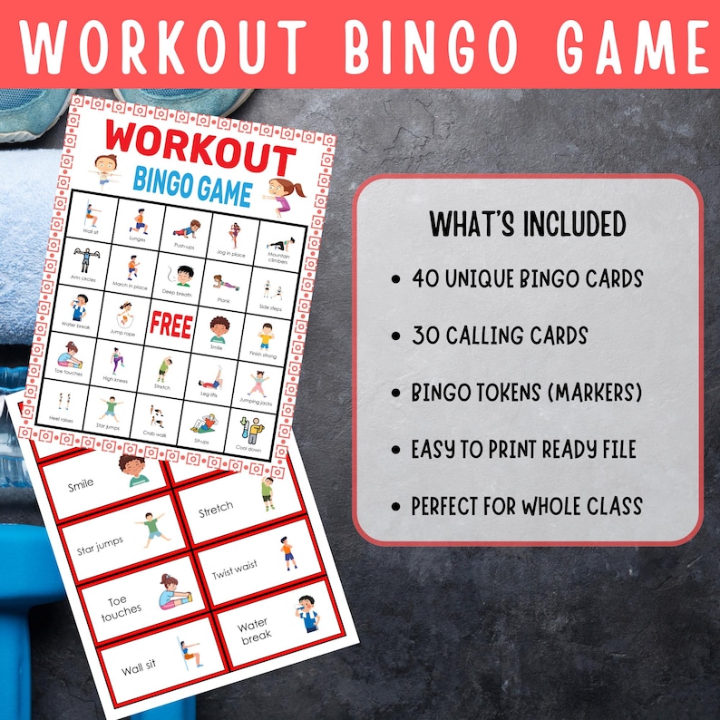 Workout Bingo Game Printable Kids Fitness Activity for Classroom PE ...