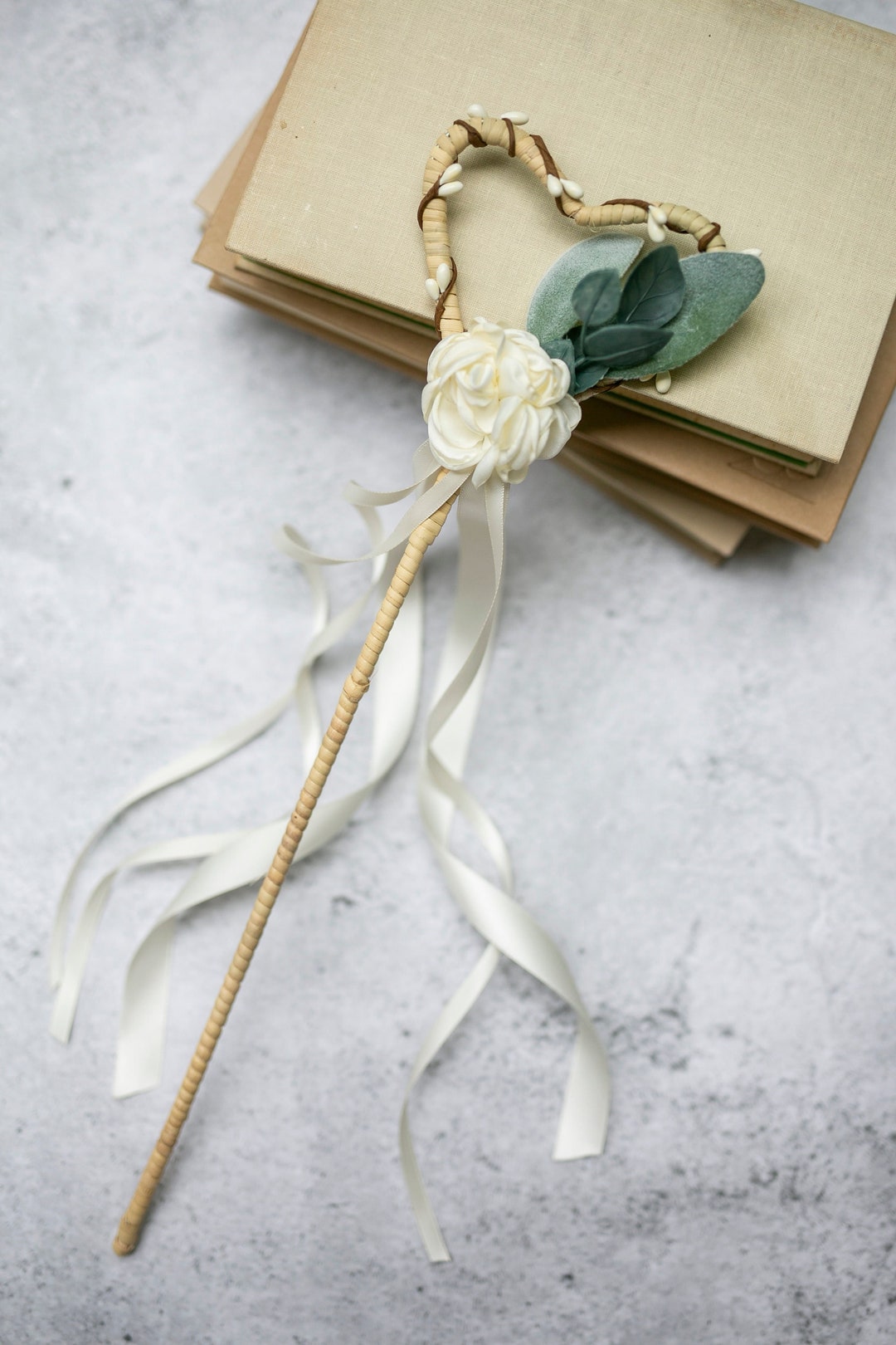 Heart Flower Girl Wand | Rattan, Ivory Rosette & Satin Ribbons - Etsy