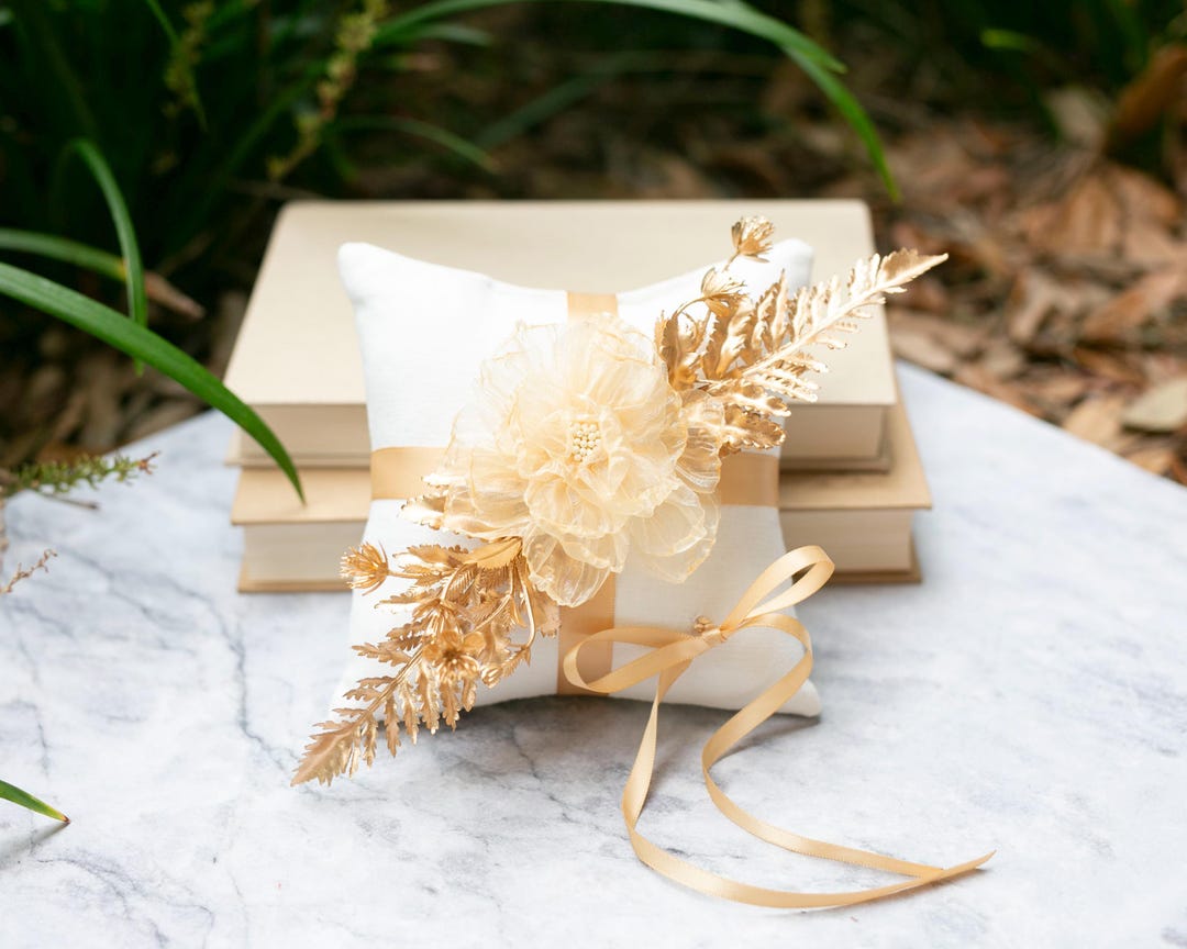 Golden Glam Wedding Ring Bearer Pillow: Ivory Linen With Gold Accents ...