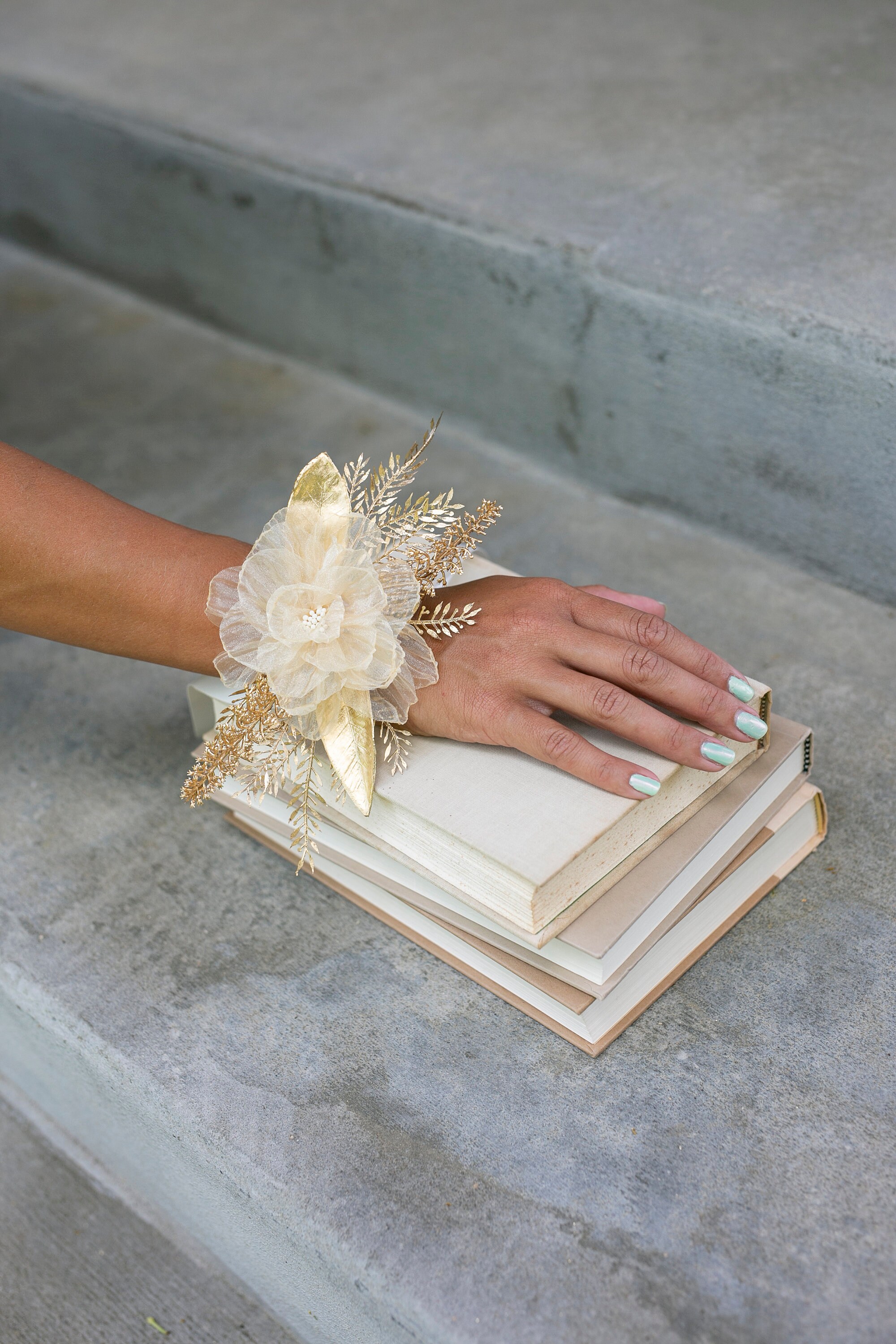 Golden Flower Corsage Prom or Wedding Corsage Mother of the Bride Corsage Wristlet with Golden Shimmery Bloom Gold Artificial Greenery