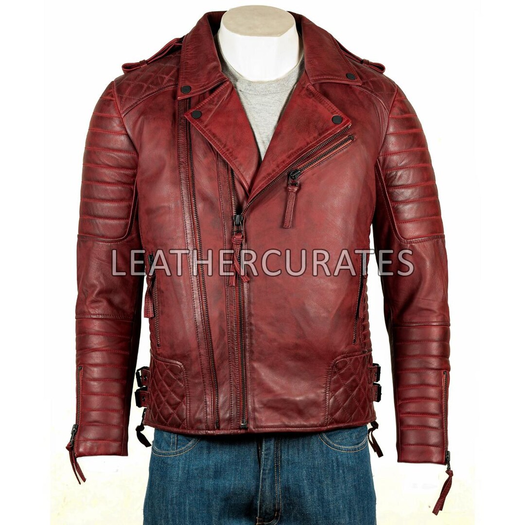 Red Distressed Leather Biker Jacket, Quilted Slim Fit Motorcycle Coat ...
