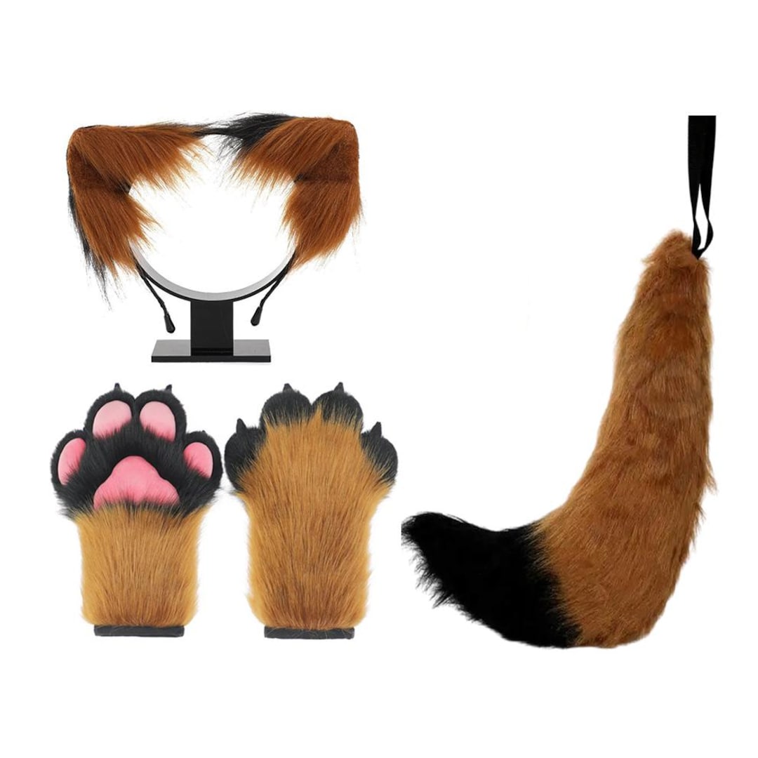 3PCS Fursuit Cosplay Ears, Tail and Hand Paws Set, Wolf Furry Hand Paws ...