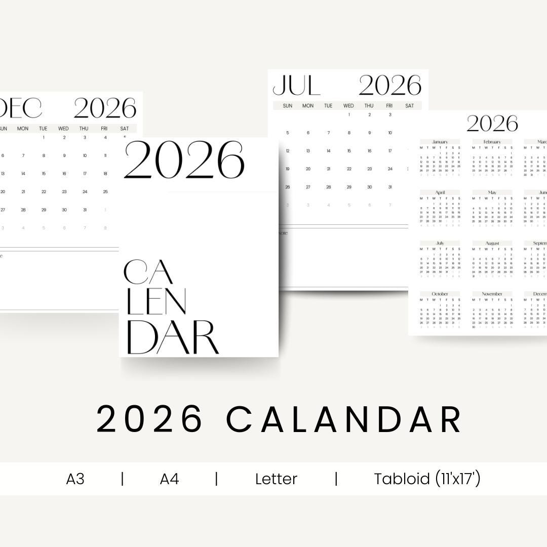 2026 Minimalist Digital Calendar | Printable PDF | A4 A3 Letter Tabloid ...