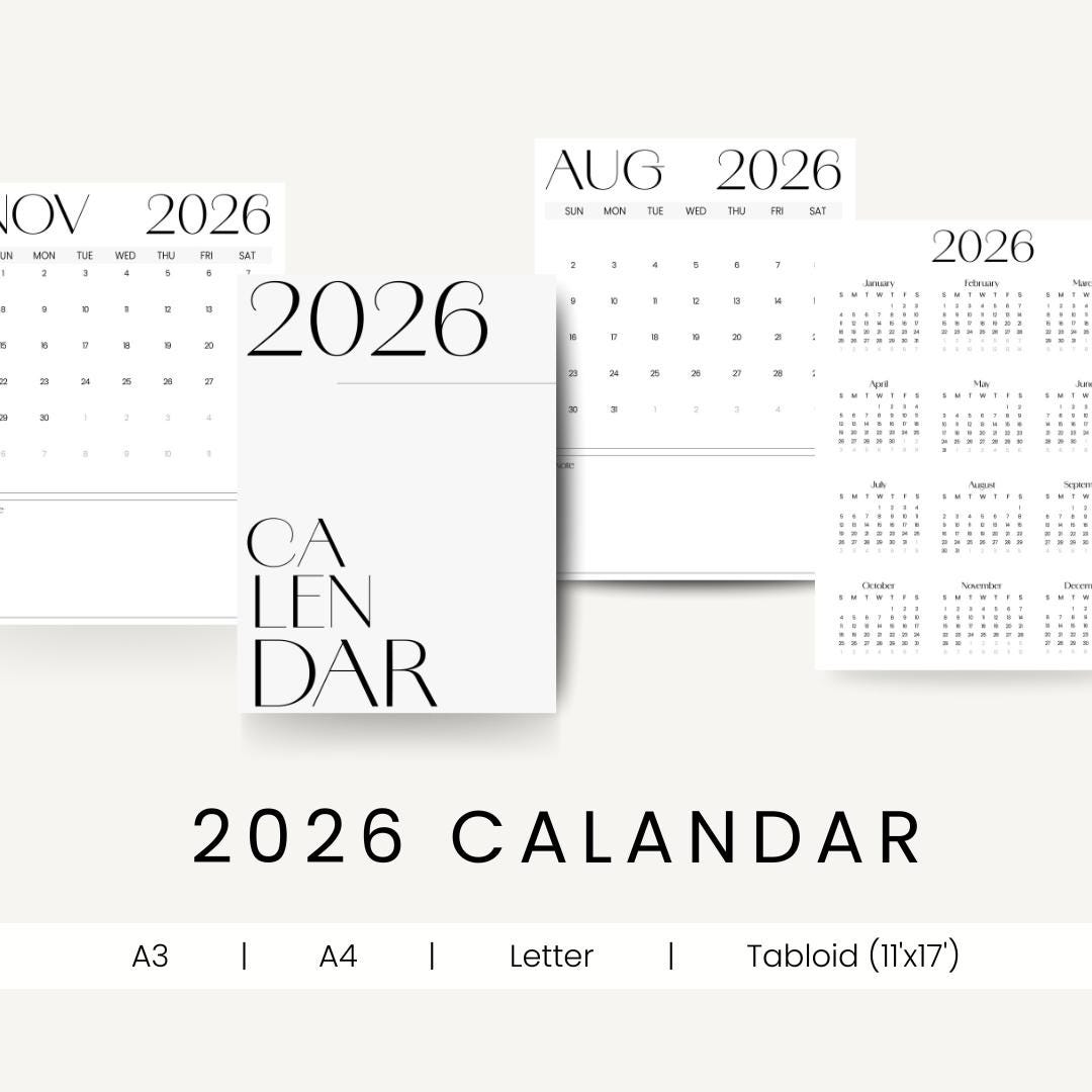 2026 Minimalist Digital Calendar | Printable PDF | A4 A3 Letter Tabloid ...