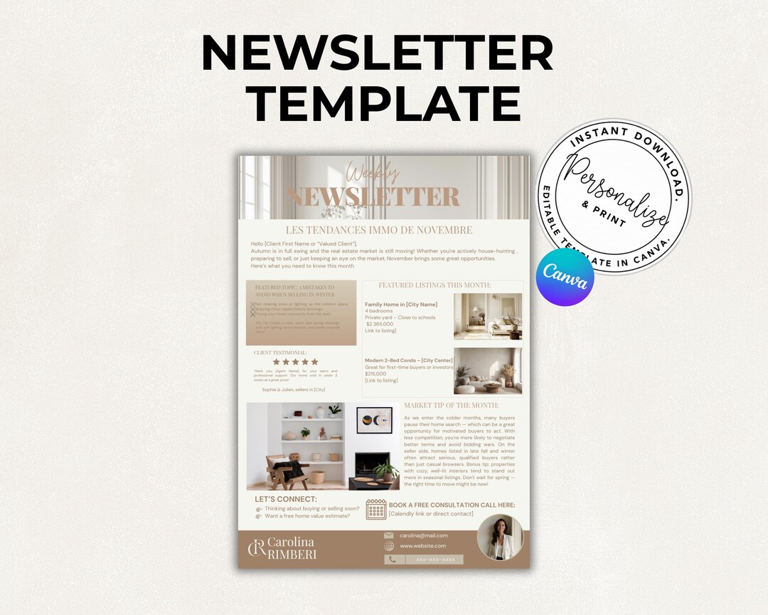 Real Estate Newsletter Template for Realtors | Editable Canva | Monthly ...