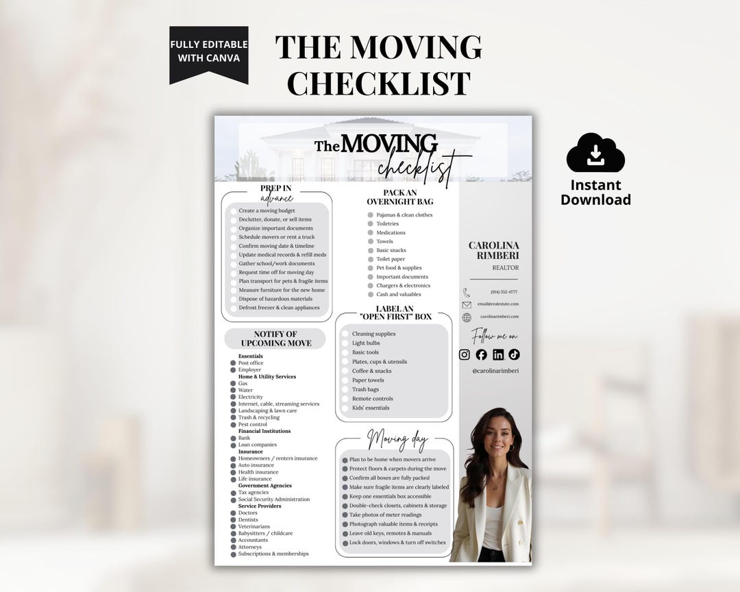 Real Estate Moving Checklist Template | Editable Canva Sheet | Realtor ...