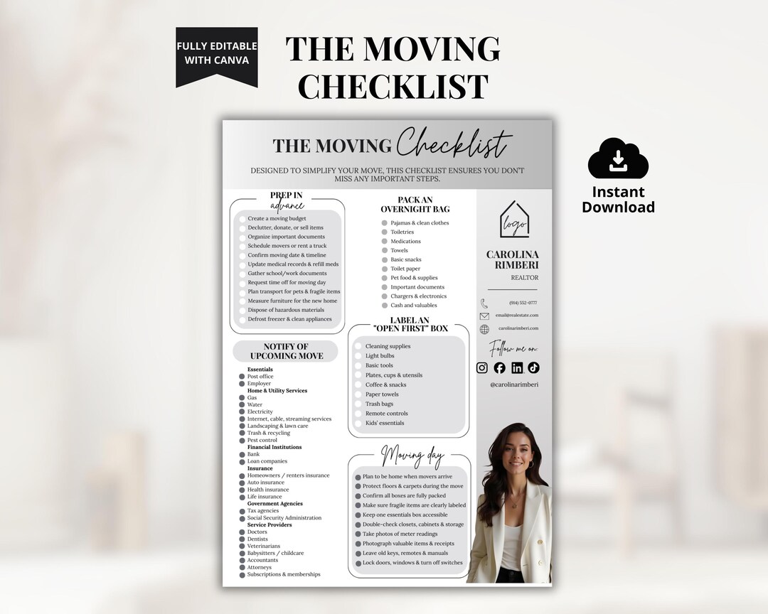 Real Estate Moving Checklist Template | Editable Canva Sheet | Realtor ...