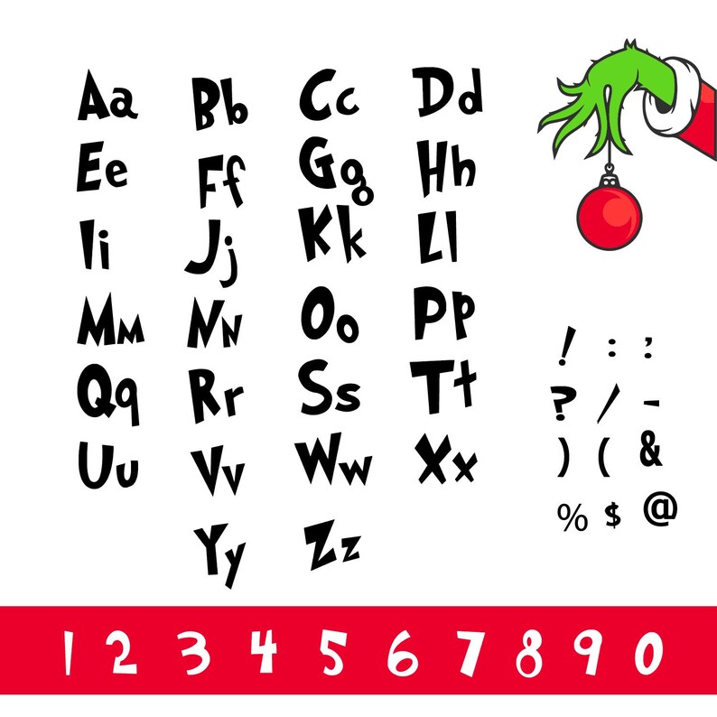 Grinch Font SVG Bundle, Cartoon Alphabet Letters & Numbers, Green ...