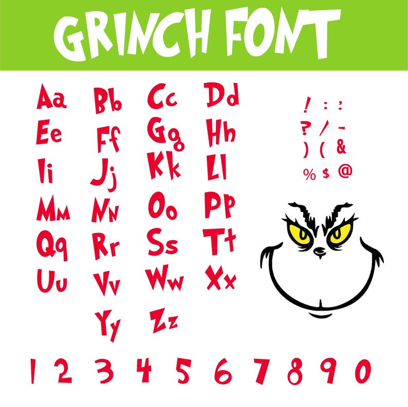 Grinch Font SVG Bundle, Cartoon Alphabet Letters & Numbers, Green ...