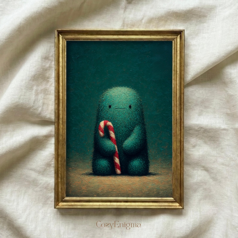 Cozy Candy Cane Monster | Digital Download Wall Art Print | Vintage Oil ...