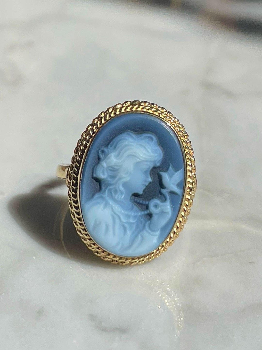 Blue Cameo Ring, 14k Gold, Adjustable Ring, 18k Gold Cameo Ring ...