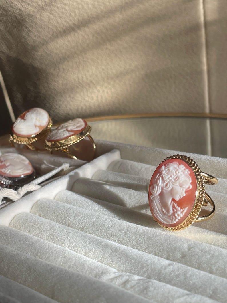 18k Gold Plated Cameo Ring, Made in Italy, Adjustable Ring, Statement ...