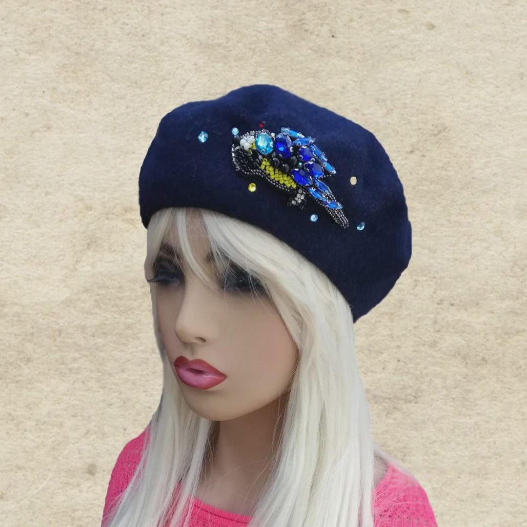 Navy Wool Felt Beret With Beaded Bird Applique – Elegant Parisian Style ...