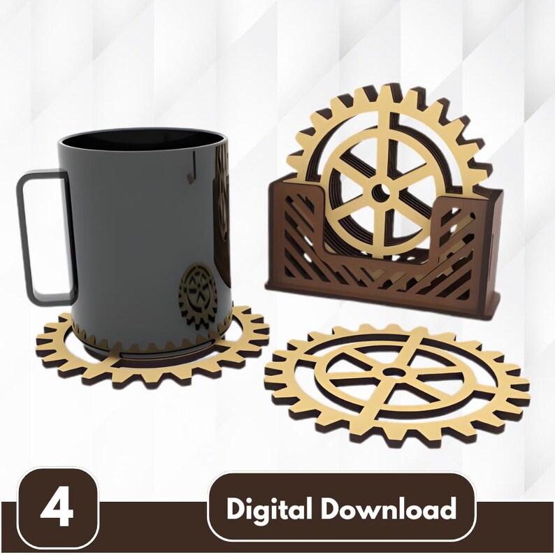 Steampunk Gear Coaster Laser Cut Files | Wooden Mug Coaster Set SVG DXF ...