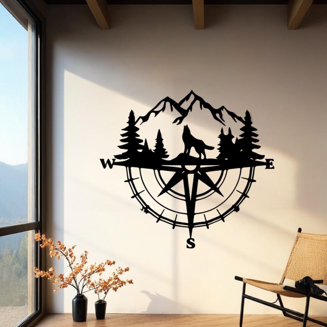 Wolf Compass Metal Wall Art, Mountain Forest Wall Decor for Living Room ...