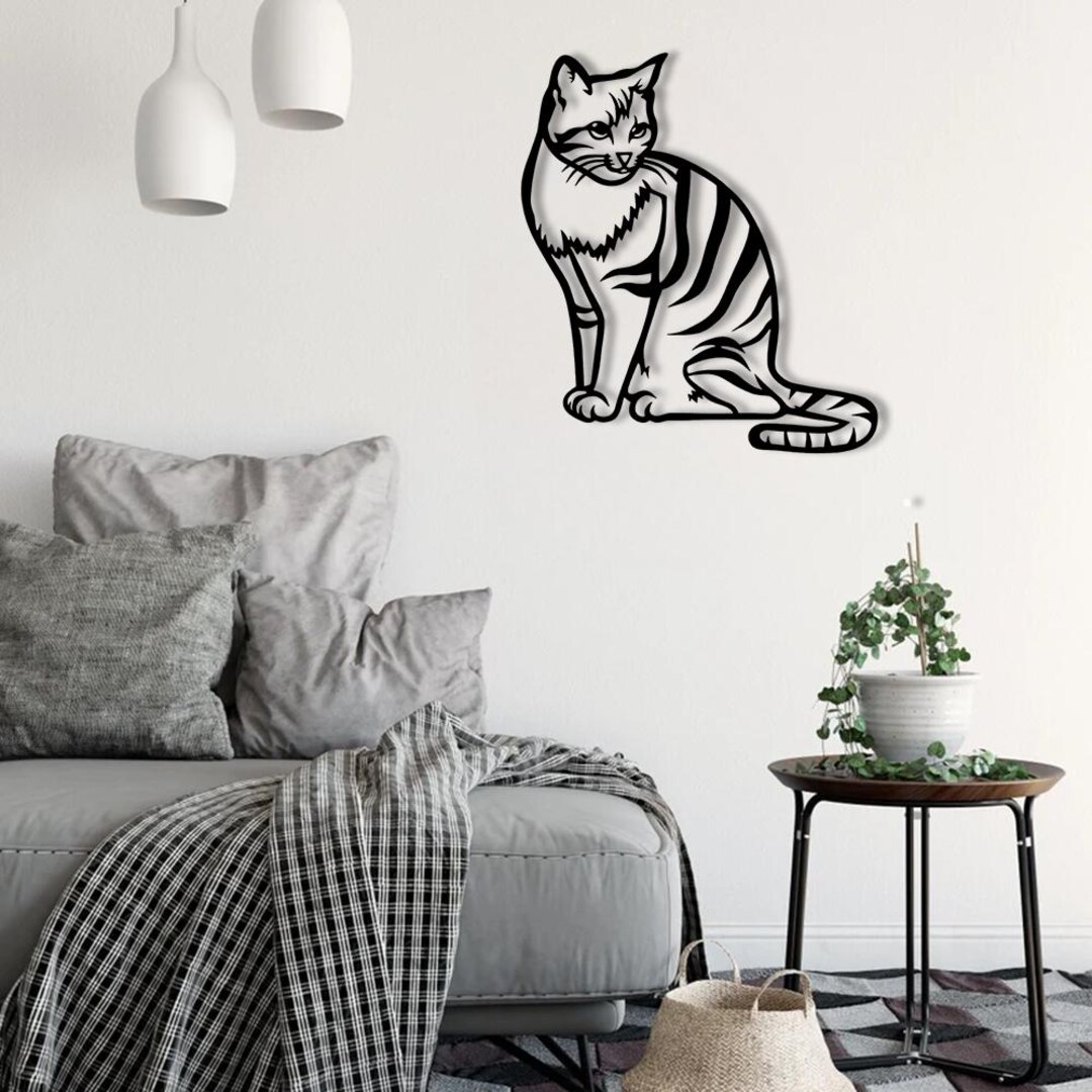 Cat Wall Art Decal, Sitting Tabby Line Drawing Sticker, Pet Lover Home ...