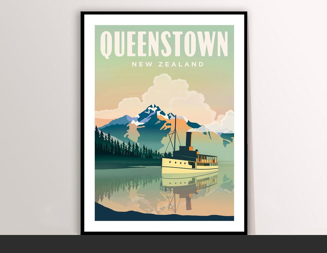 Queenstown New Zealand Art Deco Travel Poster: Vintage Canvas Print - Etsy
