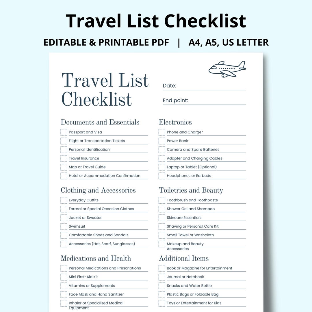Editable Travel Checklist Canva Template | Printable Packing List ...