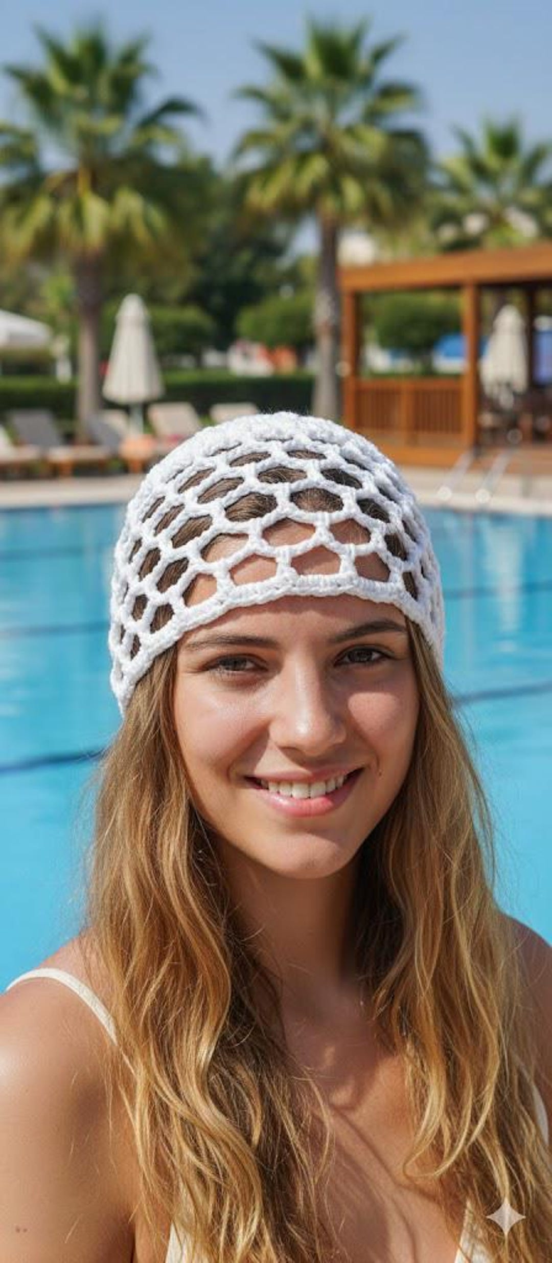 White Hexagon Crochet Mesh Headpiece | Open Weave Net Beanie | Boho ...