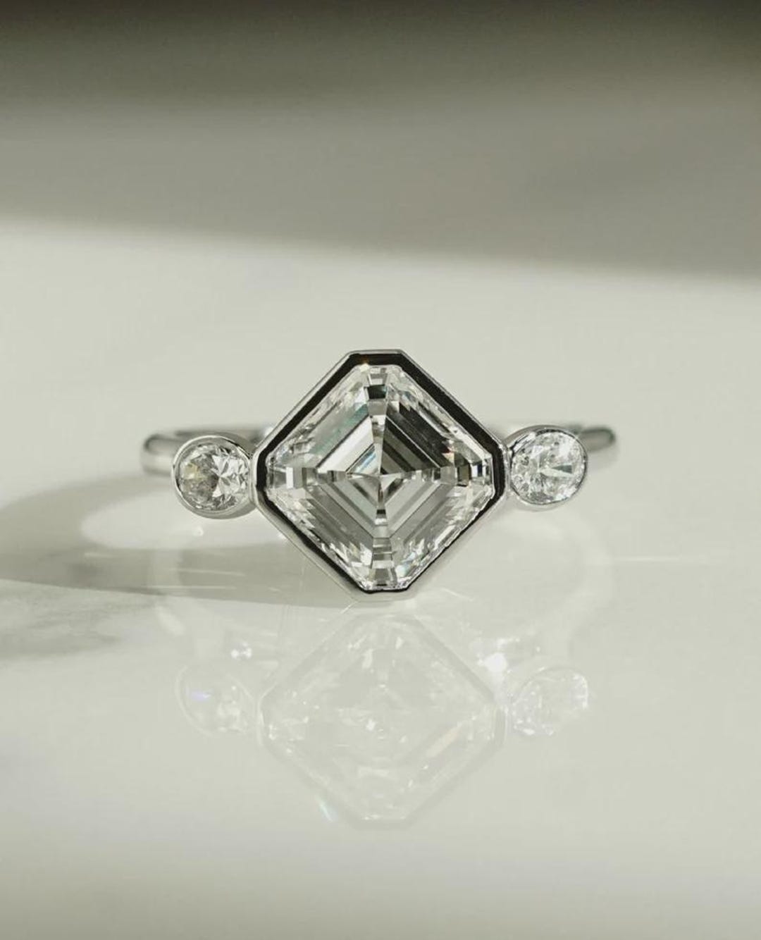 3CT Asscher Cut Three Stone Bezel Set Moissanite Engagement Ring With ...